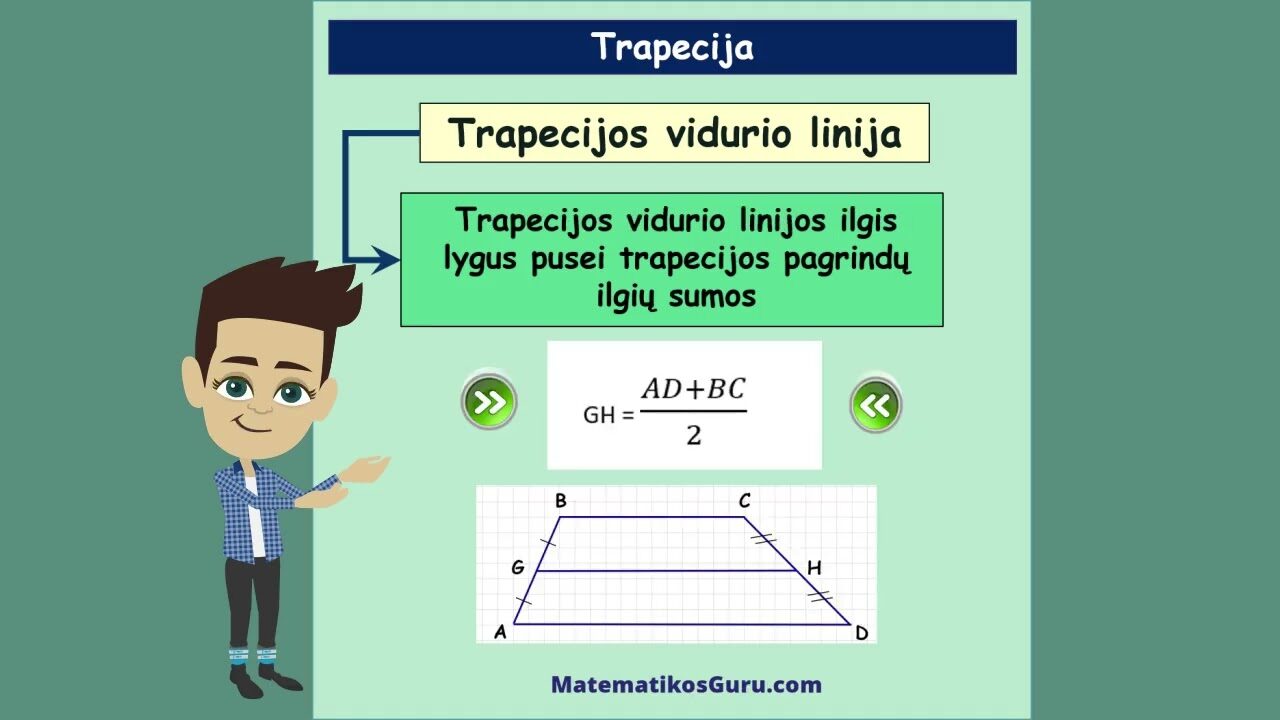 Trapecija, plotas, aukštinė, vidurio linija |MatematikosGURU